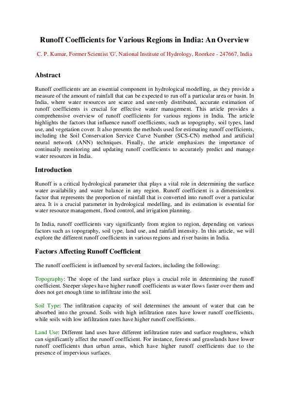 Pdf Runoff Coefficients For Various Regions In India An Overview
