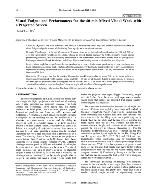 (PDF) Open Access Visual Fatigue and Performances for the 40-min Mixed ...