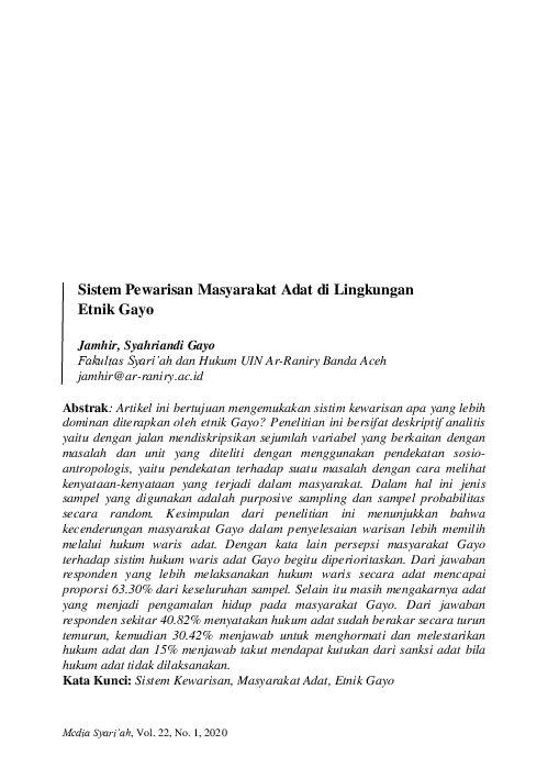(PDF) Sistem Pewarisan Masyarakat Adat di Lingkungan Etnik Gayo