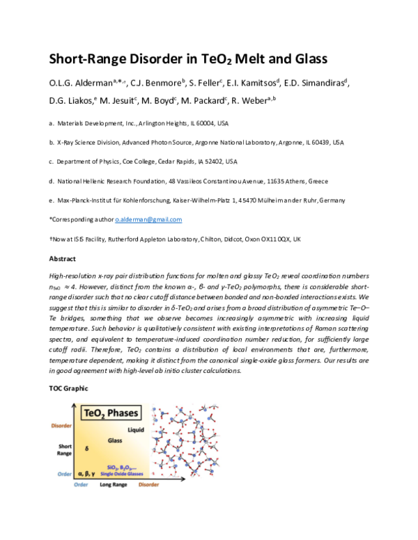 (PDF) Short-Range Disorder in TeO2 Melt and Glass