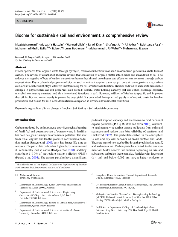 (PDF) Biochar for sustainable soil and environment: a comprehensive review