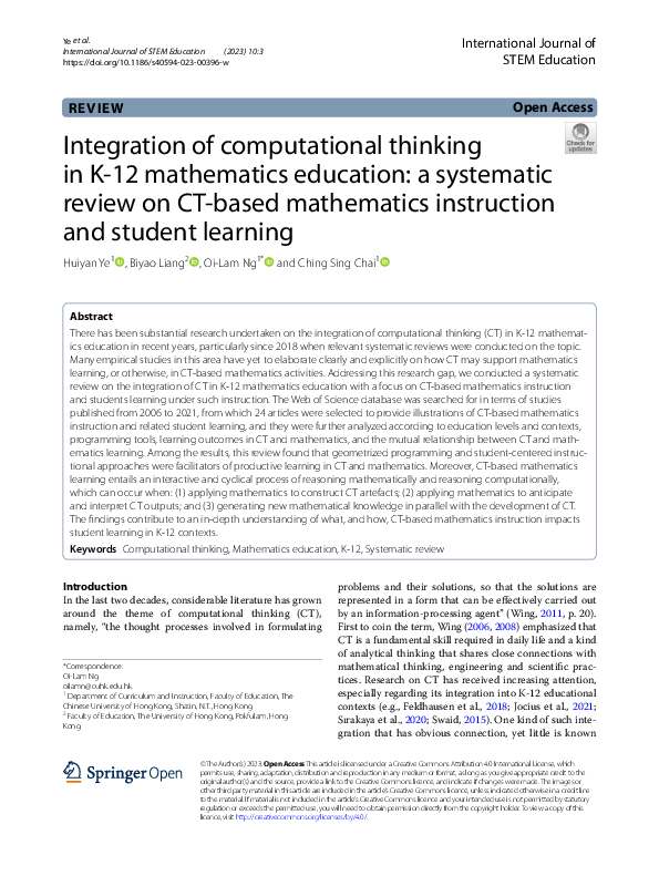 Pdf Integration Of Computational Thinking In K 12 Mathematics Education A Systematic Review