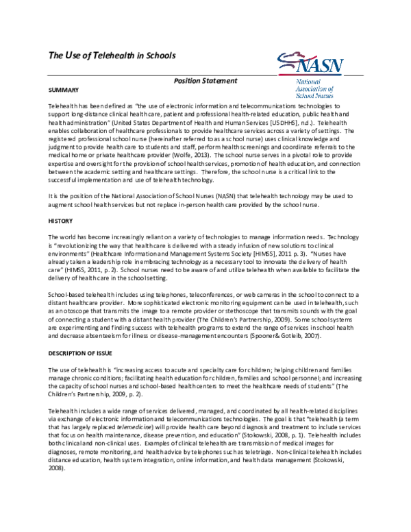 (PDF) The Use of Telehealth in Schools. Position Statement. Revised