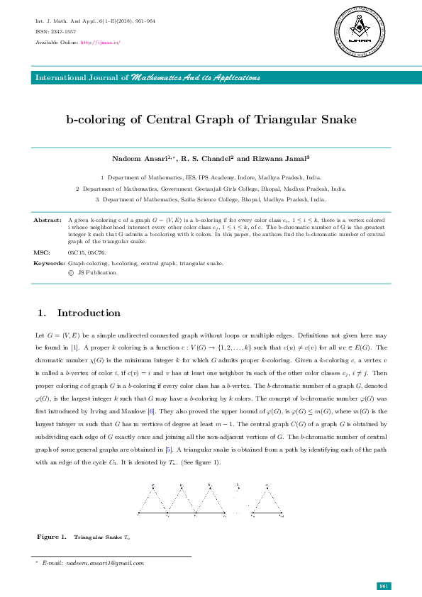 (PDF) b-coloring of Central Graph of Triangular Snake | NADEEM ANSARI - Academia.edu
