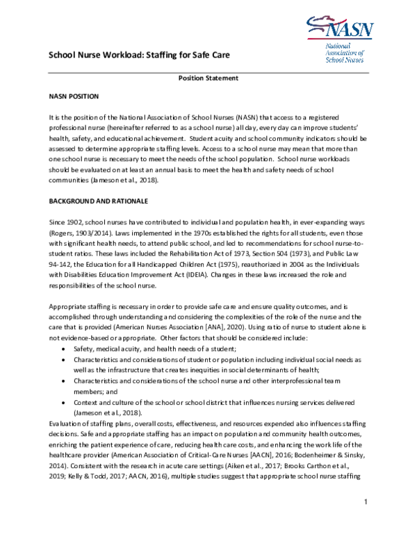 (PDF) School Nurse Workload-- Staffing for Safe Care: Position Statement