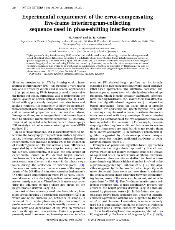 (PDF) Experimental requirement of the error-compensating five-frame interferogram-collecting ...