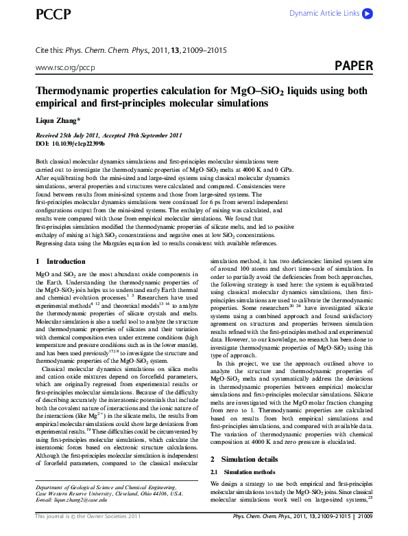 (PDF) Thermodynamic properties calculation for MgO–SiO2 liquids using both empirical and first ...