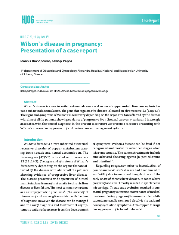 (PDF) Wilson`s disease in pregnancy: presentation of a case report