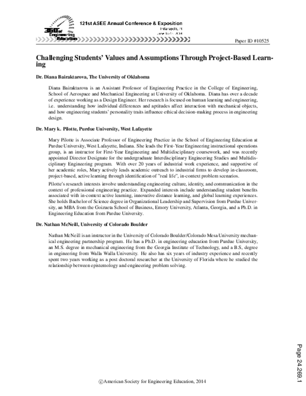 (PDF) Challenging Students' Values and Assumptions Through Project-Based Learning