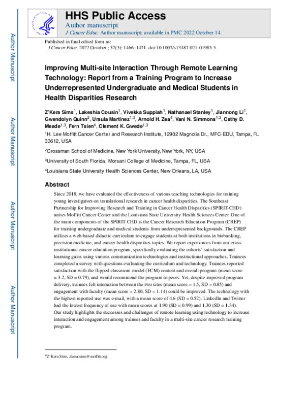 (PDF) Improving Multi-site Interaction Through Remote Learning Technology: Report from a ...