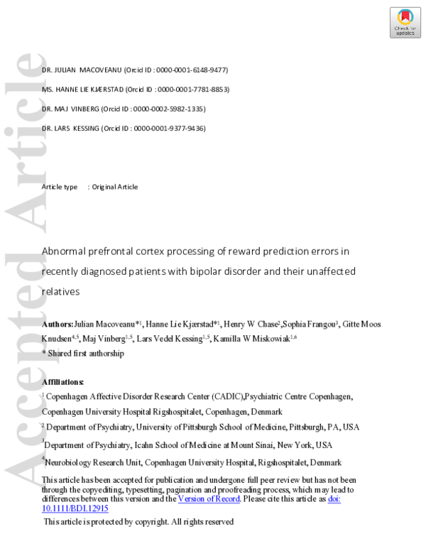 Pdf Abnormal Prefrontal Cortex Processing Of Reward Prediction Errors