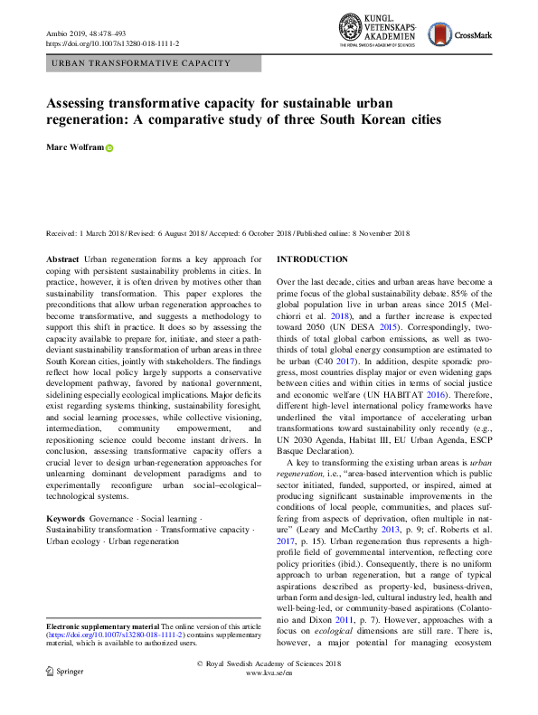 (PDF) Assessing transformative capacity for sustainable urban ...