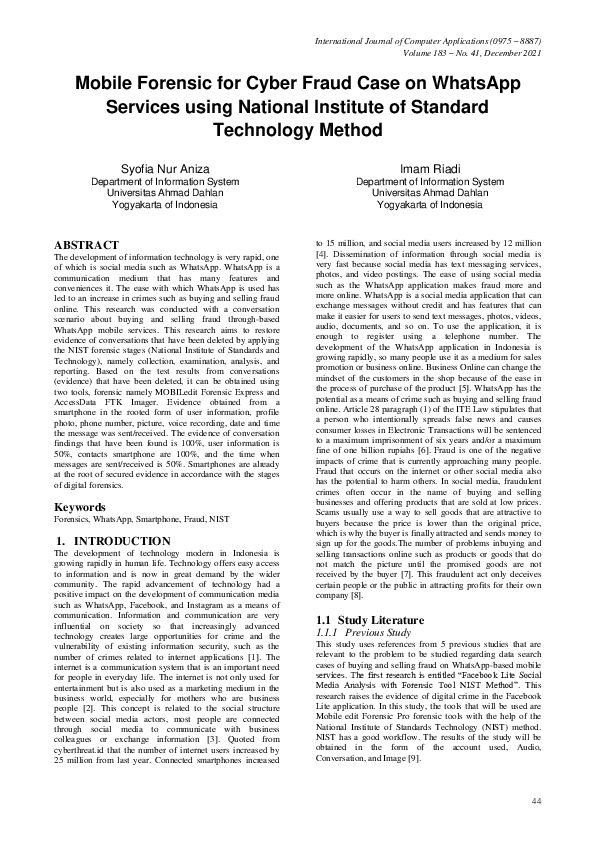 (PDF) Mobile Forensic for Cyber Fraud Case on WhatsApp Services using National Institute of ...
