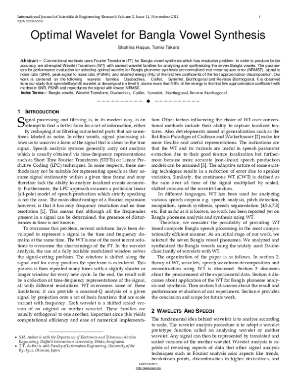 (PDF) Optimal Wavelet for Bangla Vowel Synthesis | Shahina Haque ...