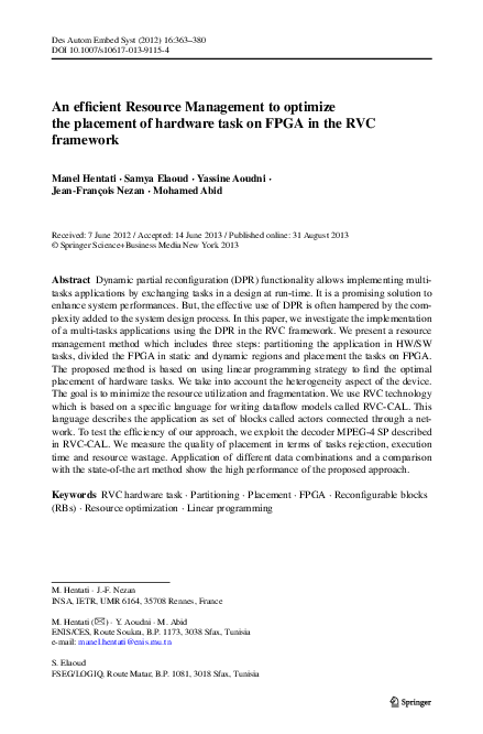 Pdf An Efficient Resource Management To Optimize The Placement Of Hardware Task On Fpga In The 