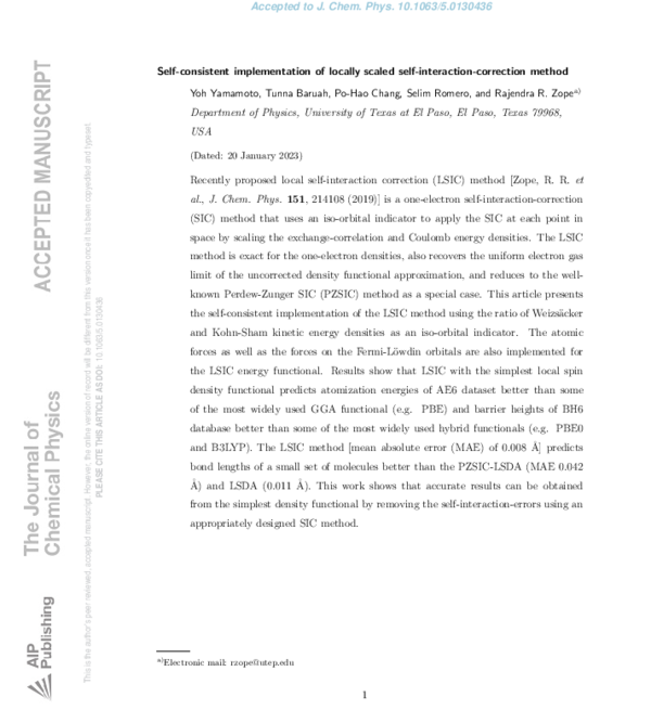 Pdf Self Consistent Implementation Of Locally Scaled Self Interaction Correction Method
