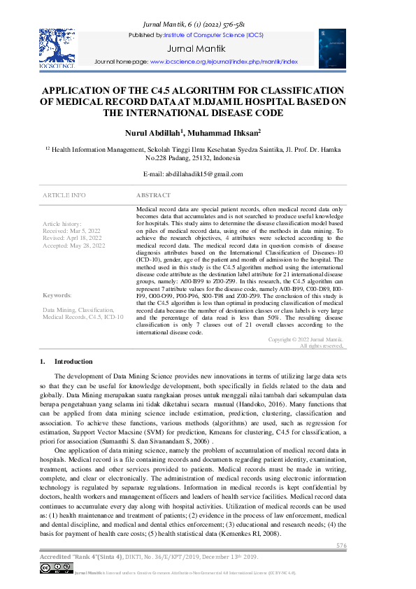 (PDF) APPLICATION OF THE C4.5 ALGORITHM FOR CLASSIFICATION OF MEDICAL RECORD DATA AT M.DJAMIL ...