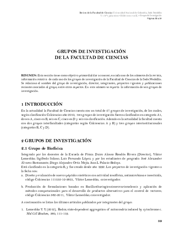 (PDF) Grupos De Investigación De La Facultad De Ciencias | victor ...