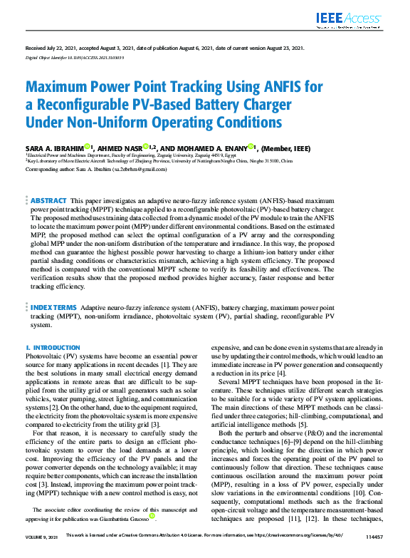 (PDF) Maximum Power Point Tracking Using ANFIS for a Reconfigurable PV-Based Battery Charger ...