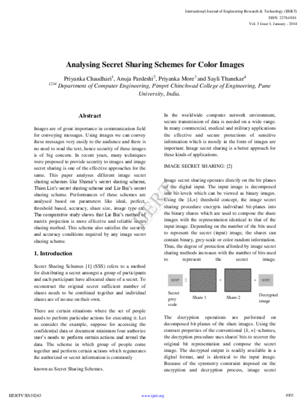 (PDF) Analysing Secret Sharing Schemes for Color Images | Priyanka Chaudhari - Academia.edu