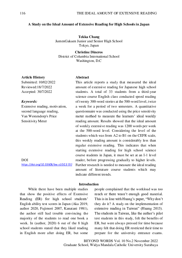 (PDF) A Study on the Ideal Amount of Extensive Reading for High Schools in Japan