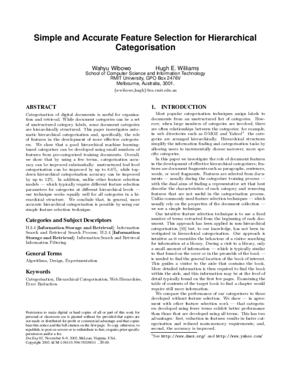 Pdf Simple And Accurate Feature Selection For Hierarchical Categorisation