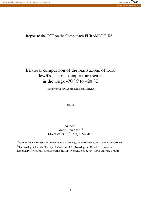 (PDF) Report to the CCT on the Comparison EURAMET.T-K6.1 Bilateral ...