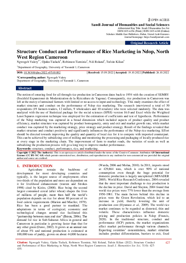 (PDF) Structure Conduct and Performance of Rice Marketing in Ndop ...