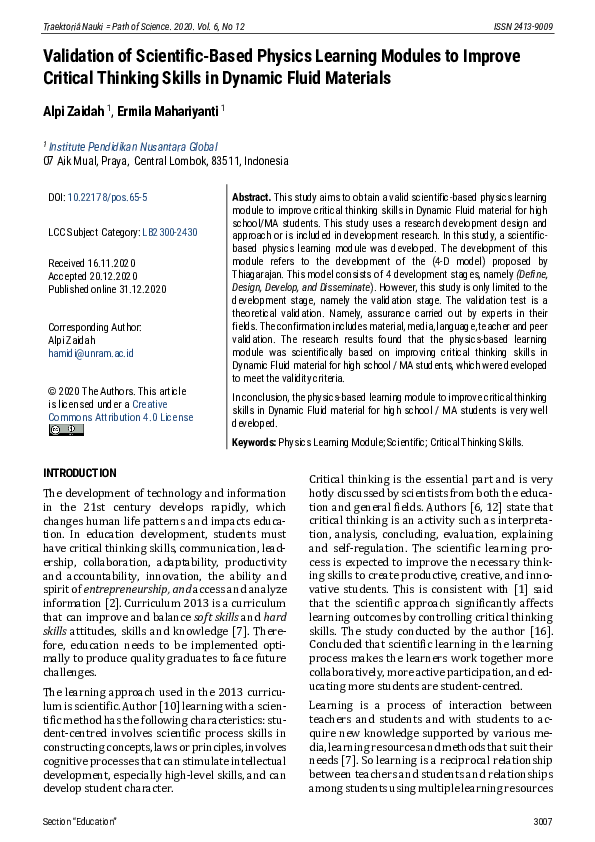 (PDF) Validation of Scientific-Based Physics Learning Modules to Improve Critical Thinking ...