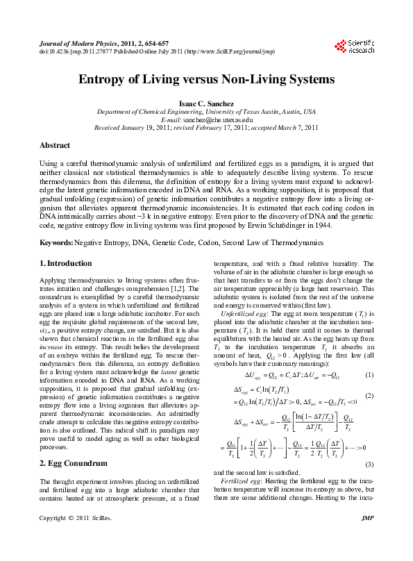 (PDF) Entropy of Living versus Non-Living Systems