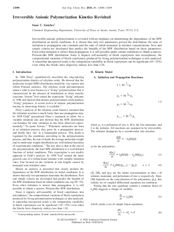 (PDF) Irreversible Anionic Polymerization Kinetics Revisited