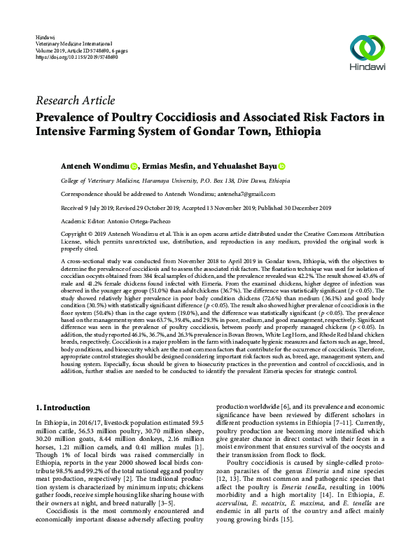 (PDF) Prevalence of Poultry Coccidiosis and Associated Risk Factors in ...