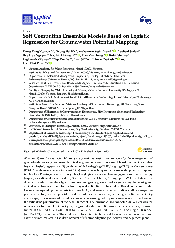 (PDF) Soft Computing Ensemble Models Based on Logistic Regression for Groundwater Potential Mapping