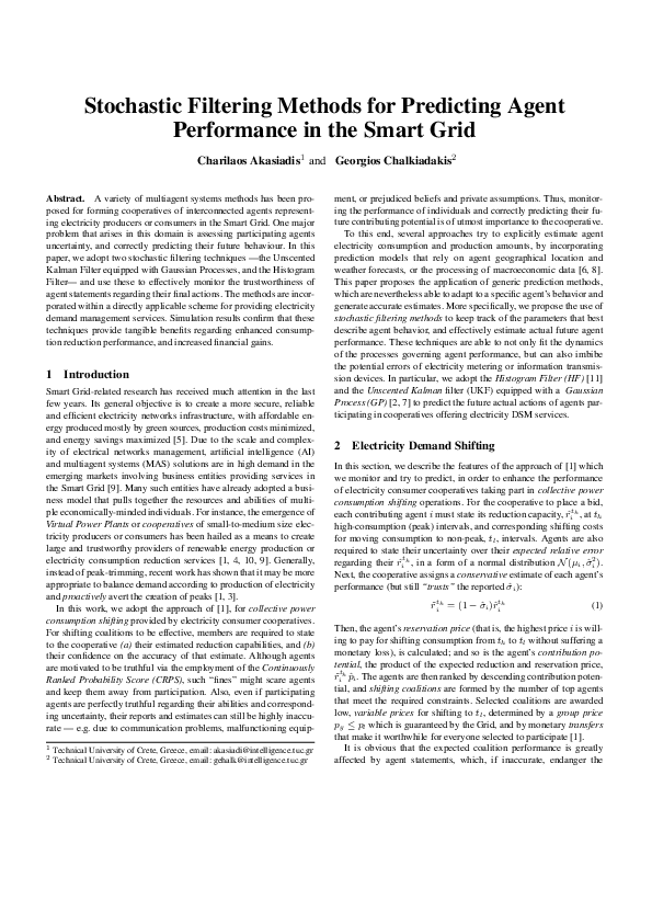 Pdf Stochastic Filtering Methods For Predicting Agent Performance In The Smart Grid