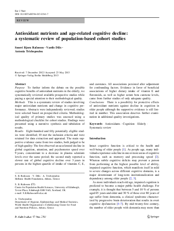 Pdf Antioxidant Nutrients And Age Related Cognitive Decline A Systematic Review Of Population