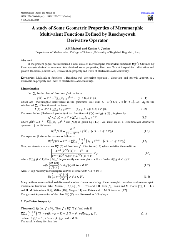 (PDF) A study of Some Geometric Properties of Meromorphic Multivalent Functions Defined by ...
