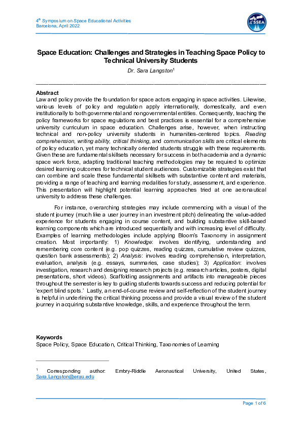 (PDF) Space education: challenges and strategies in teaching space ...