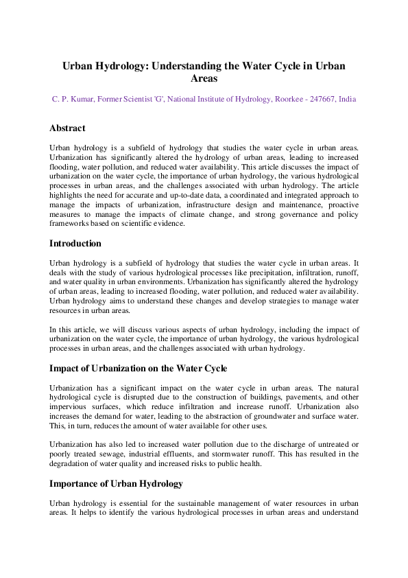(PDF) Urban Hydrology: Understanding the Water Cycle in Urban Areas