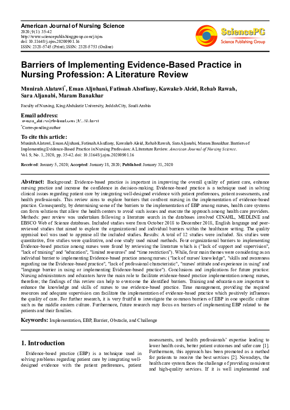 (PDF) Barriers of Implementing Evidence-Based Practice in Nursing Profession: A Literature Review