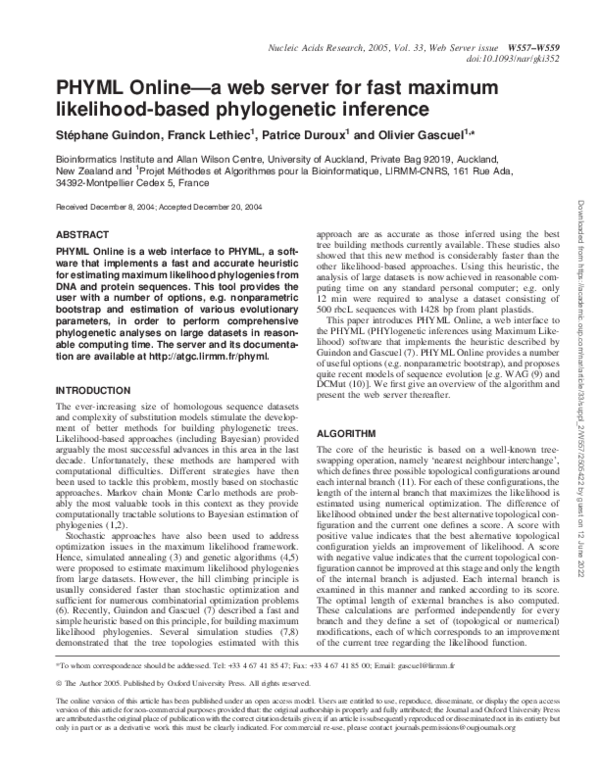 (PDF) PHYML Online--a web server for fast maximum likelihood-based phylogenetic inference