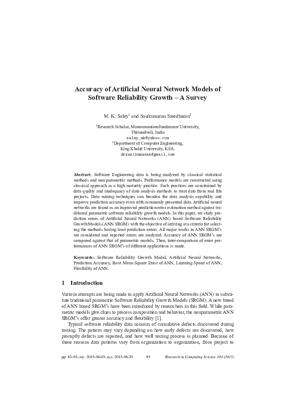(PDF) Accuracy of Artificial Neural Network Models of Software Reliability Growth – A Survey