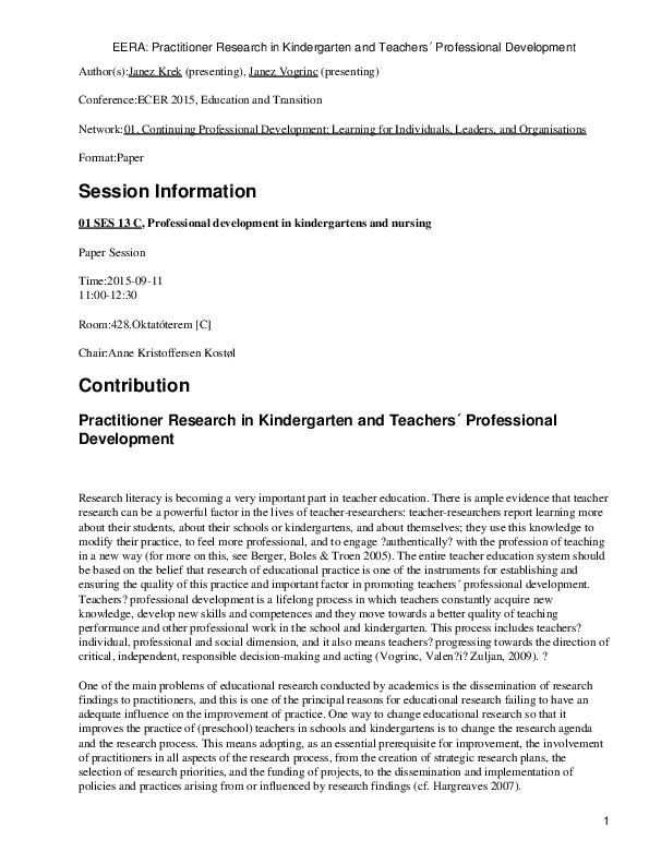 (PDF) Practitioner research in kindergarten and teachersʼ professional ...