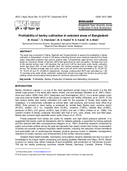 (PDF) Profitability of barley cultivation in selected areas of Bangladesh