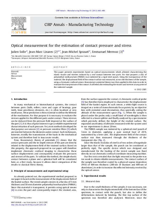 (PDF) Optical measurement for the estimation of contact pressure and stress