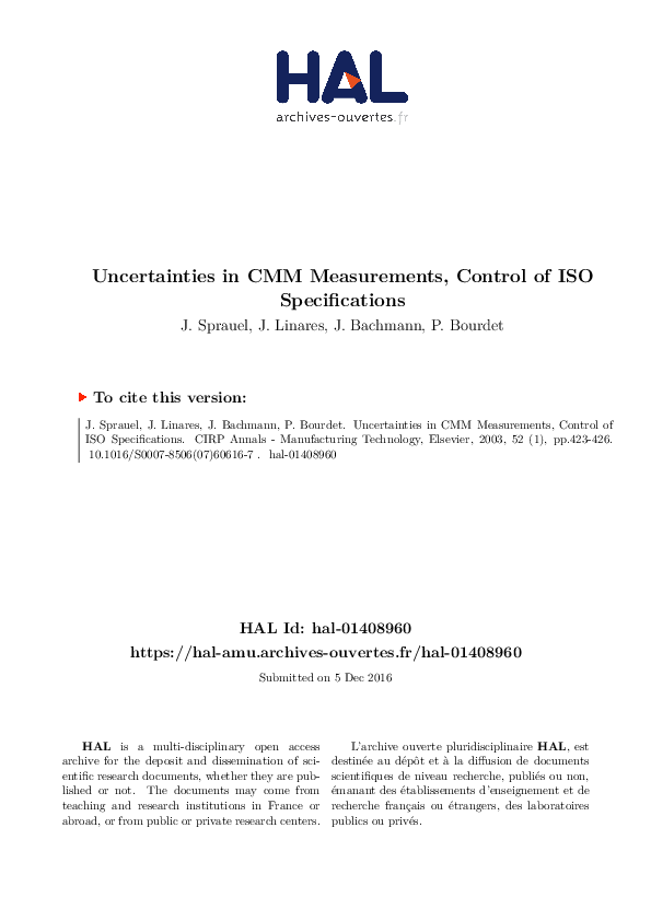 (PDF) Uncertainties in CMM Measurements, Control of ISO Specifications