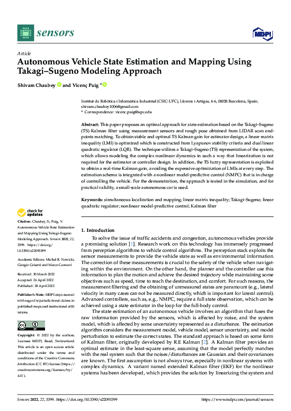 Pdf Autonomous Vehicle State Estimation And Mapping Using Takagi