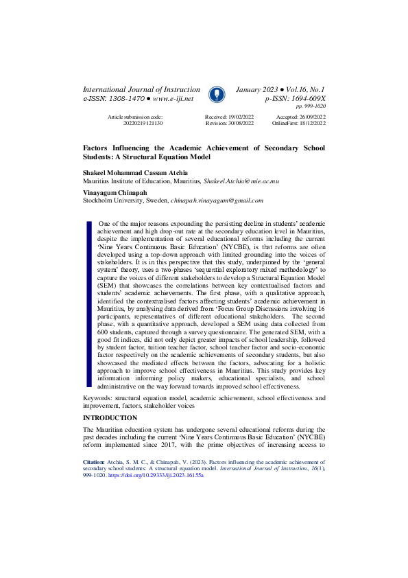 (PDF) Factors Influencing the Academic Achievement of Secondary School ...