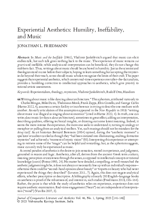 (PDF) Experiential Aesthetics: Humility, Ineffability, and Music