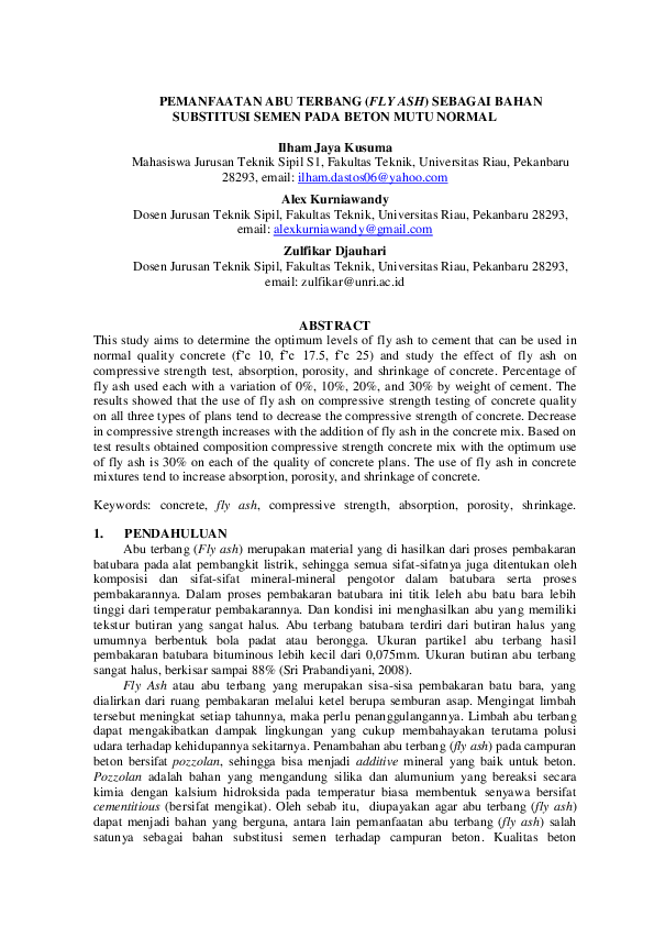 Pdf Pemanfaatan Abu Terbang Fly Ash Sebagai Bahan Substitusi Semen