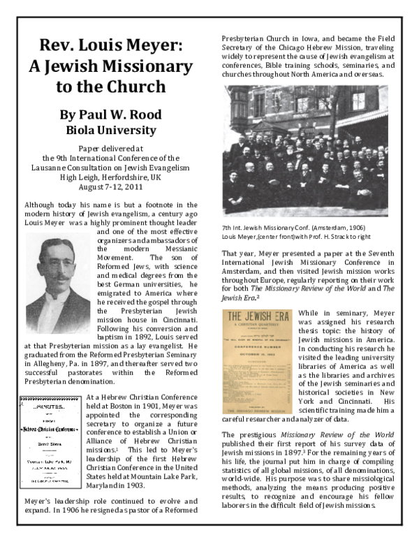 (PDF) Rev. Louis Meyer: A Jewish Missionary to the Church